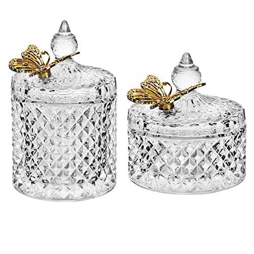 Ezebesta 2 PACK Vintage Bathroom Canisters Gorgeous Butterfly Lids Small Thick Clear Glass Jar Set Qtip Holder Dispenser for Cotton Ball&Pads Storage Organization