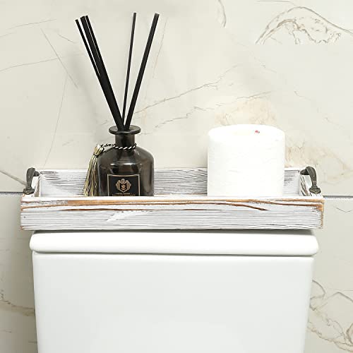 MyGift Weathered White Solid Wood Toilet Tank Tray, 16 Inch Rectangular Bathroom Vanity Tray with Aged Bronze Metal Handles