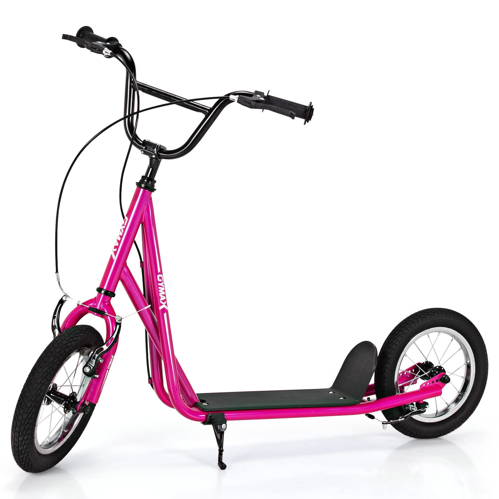 GYMAX Scooter, Kids & Adults Off-Road Scooter with 12" Inflatable Wheels, Adjustable Height Handlebar, V-Type Handbrakes & Axle Pegs for All Terrain, 8+ (Pink)