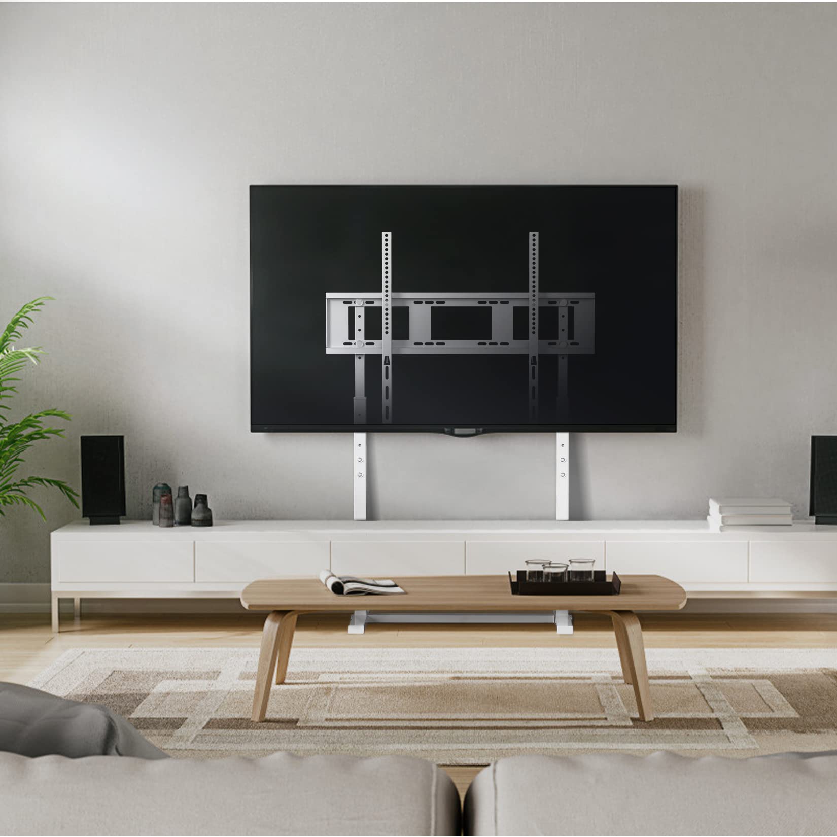 unho Universal Against The Wall TV Stand Floor: Free Standing Mount Stand with Height Adjustable Bracket for TV Bench Compatible with 32-65 inch Flat Panel LED LCD Plasma Screens (White)