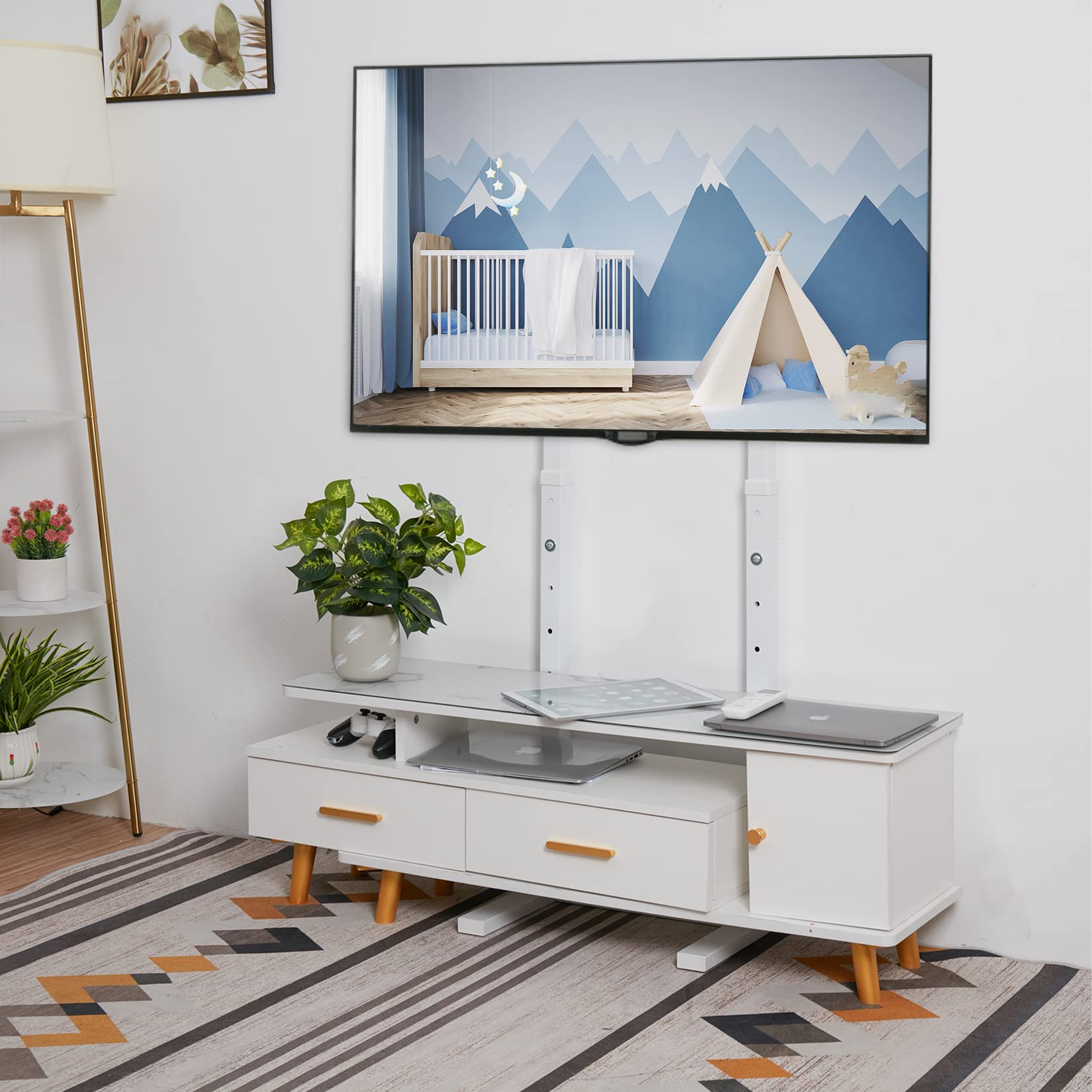 unho Universal Against The Wall TV Stand Floor: Free Standing Mount Stand with Height Adjustable Bracket for TV Bench Compatible with 32-65 inch Flat Panel LED LCD Plasma Screens (White)