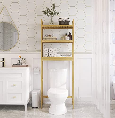 SMIBUY Bamboo Bathroom Over-The-Toilet Storage Shelf with 3-Tier Adjustable Shelves and 5-Tier Bamboo Rack Organizer Unit for Living Room Bedroom Kitchen (Natural)