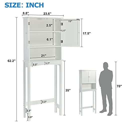 Merax Toilet Storage Shelf with Adjustable Shelves and Two Doors for Home, Bathroom Organizer Space Saver, White