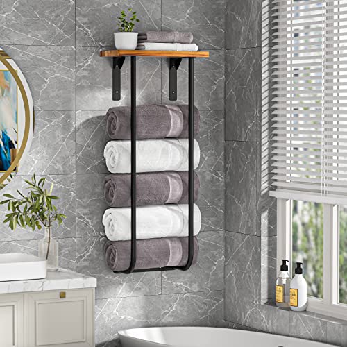 Towel Racks for Bathroom Wall Mounted, G.a HOMEFAVOR Towel Holder, Metal Towel Rack with Wooden Shelf for Small Bathroom Organizer Decor or RV Camper