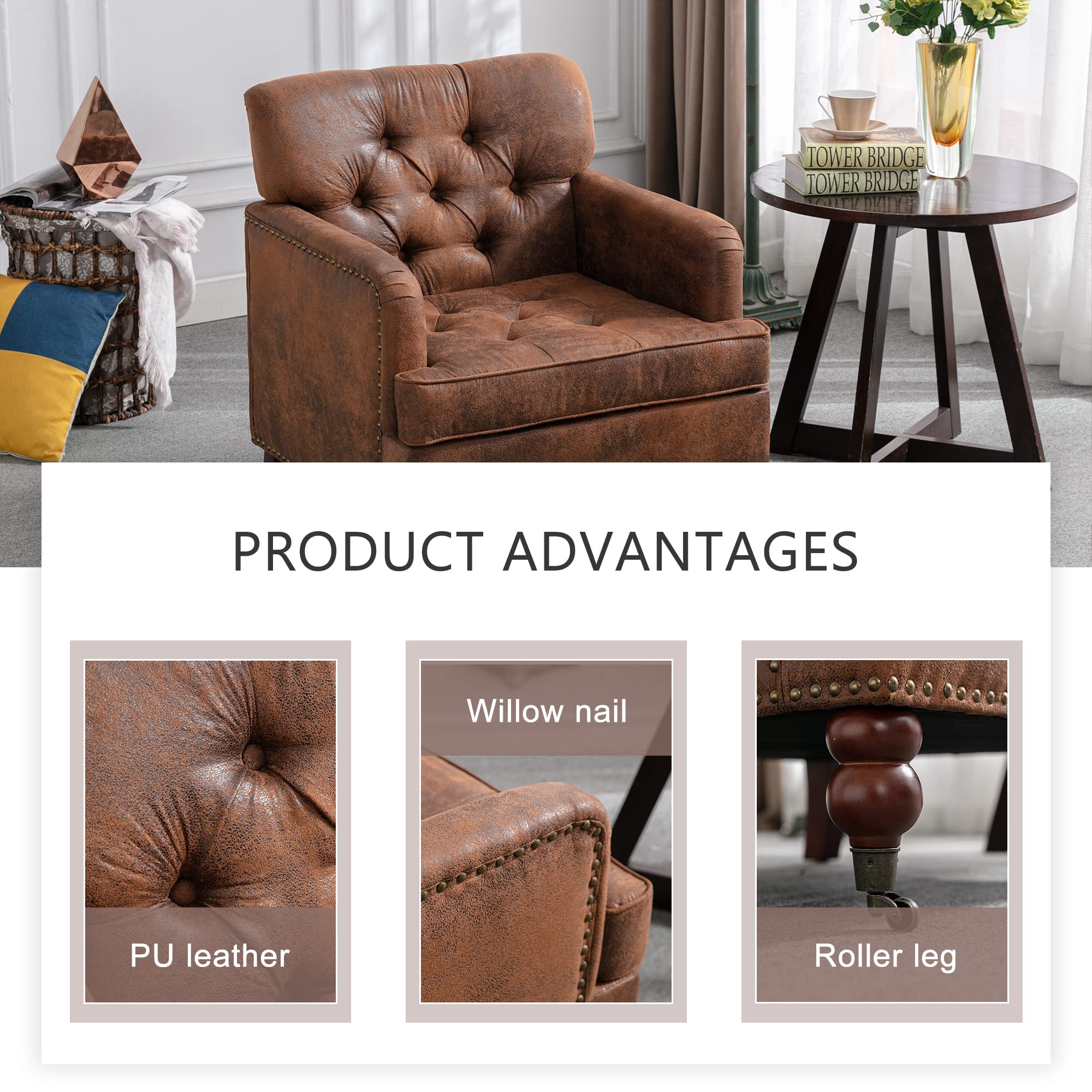 Nrizc Tufted Club Chair, Living Room Accent Chairs, Mid Century Modern Arm Chairs with Studded, Solid Wood Frame, for Living Room, Bedroom, Reading, or Office, Brown