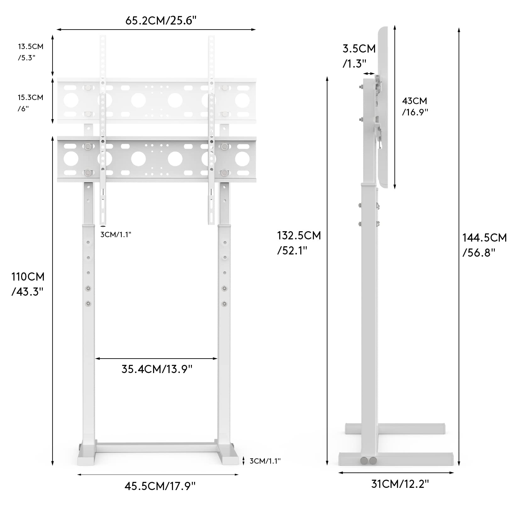 unho Universal Against The Wall TV Stand Floor: Free Standing Mount Stand with Height Adjustable Bracket for TV Bench Compatible with 32-65 inch Flat Panel LED LCD Plasma Screens (White)