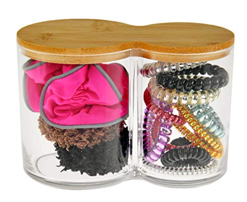 ARAD Cotton Ball, Swab, Q-tip Storage Set, 1-Piece, 2 Compartment, Clear Acrylic Jar Container with Bamboo Lid, Easy Organization on Bathroom Counters, Under-Sink Placement-6" L x 3.5" W x 4.5" H