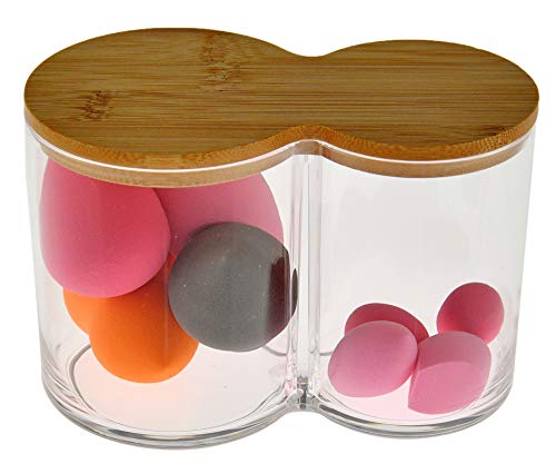 ARAD Cotton Ball, Swab, Q-tip Storage Set, 1-Piece, 2 Compartment, Clear Acrylic Jar Container with Bamboo Lid, Easy Organization on Bathroom Counters, Under-Sink Placement-6" L x 3.5" W x 4.5" H