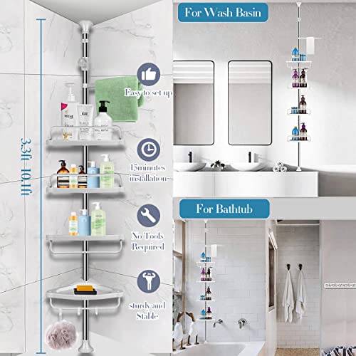 YorkHoMo Shower Caddy, Shower Caddy Tension Pole 4 Layer Adjustable Rustproof Stainless Steel Bathroom Shower Organizer Bathtub Storage Holder Rack Height 3.3 to10.1ft