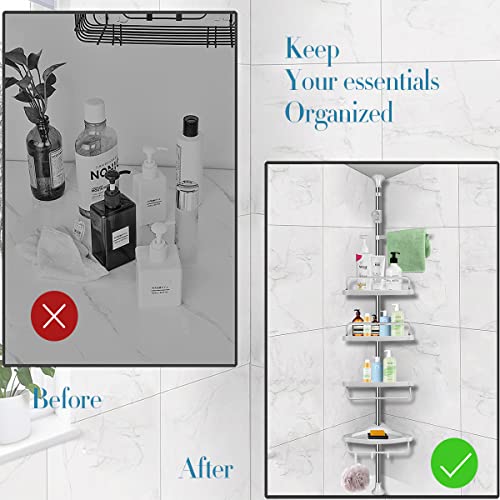 YorkHoMo Shower Caddy, Shower Caddy Tension Pole 4 Layer Adjustable Rustproof Stainless Steel Bathroom Shower Organizer Bathtub Storage Holder Rack Height 3.3 to10.1ft