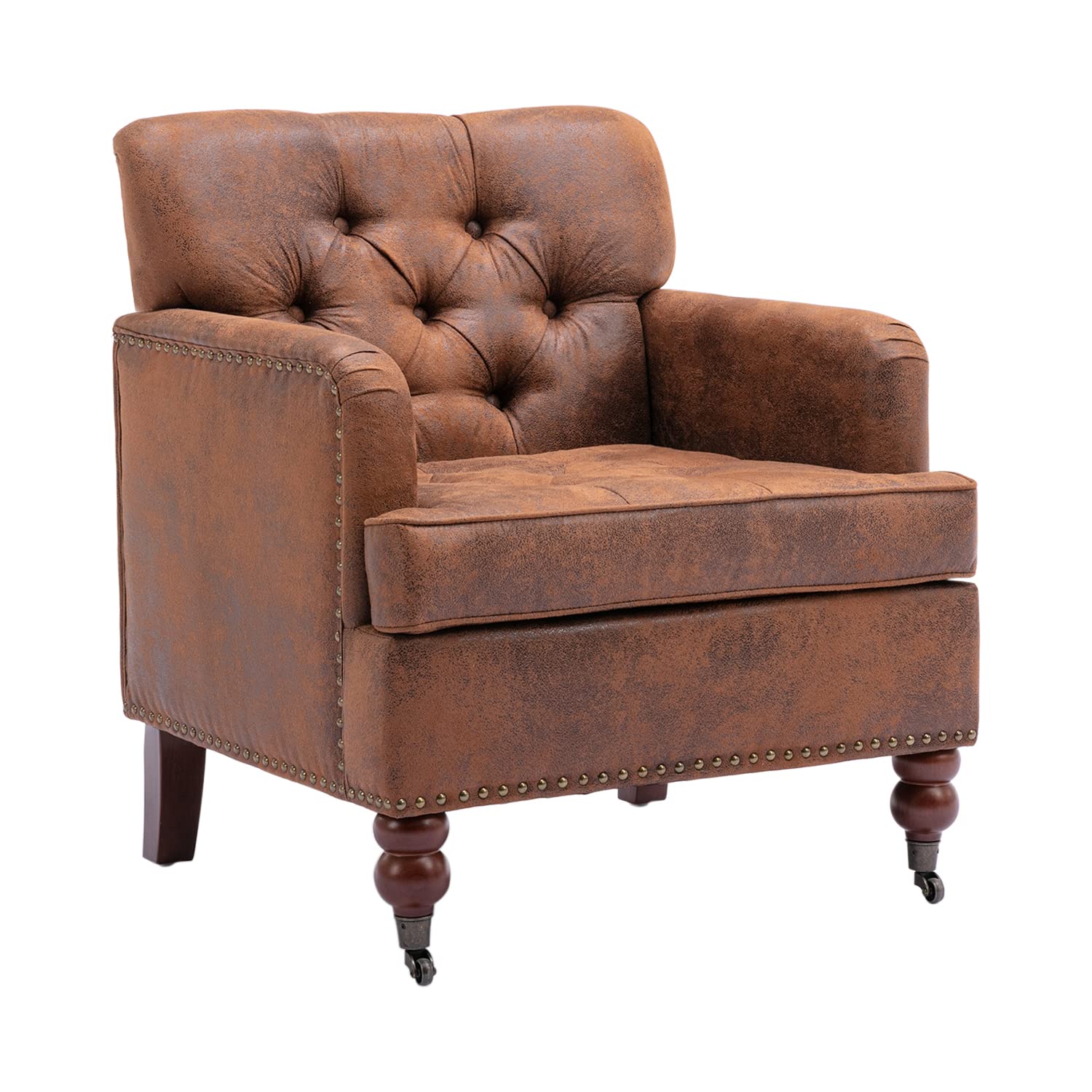 Nrizc Tufted Club Chair, Living Room Accent Chairs, Mid Century Modern Arm Chairs with Studded, Solid Wood Frame, for Living Room, Bedroom, Reading, or Office, Brown