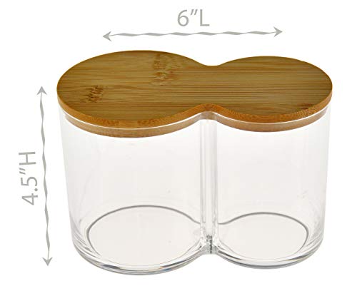 ARAD Cotton Ball, Swab, Q-tip Storage Set, 1-Piece, 2 Compartment, Clear Acrylic Jar Container with Bamboo Lid, Easy Organization on Bathroom Counters, Under-Sink Placement-6" L x 3.5" W x 4.5" H