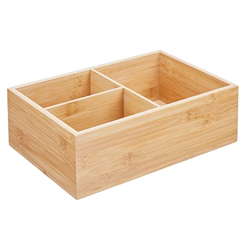 mDesign Bamboo Bathroom Vanity, Cabinet, Countertop Organizer Storage Box, 3 Divided Sections, Holds Combs, Hairspray, Gel, Wipes, Makeup Remover, Bath Salts, Lotions, Echo Collection, Natural/Tan