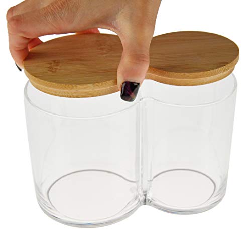 ARAD Cotton Ball, Swab, Q-tip Storage Set, 1-Piece, 2 Compartment, Clear Acrylic Jar Container with Bamboo Lid, Easy Organization on Bathroom Counters, Under-Sink Placement-6" L x 3.5" W x 4.5" H