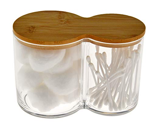 ARAD Cotton Ball, Swab, Q-tip Storage Set, 1-Piece, 2 Compartment, Clear Acrylic Jar Container with Bamboo Lid, Easy Organization on Bathroom Counters, Under-Sink Placement-6" L x 3.5" W x 4.5" H