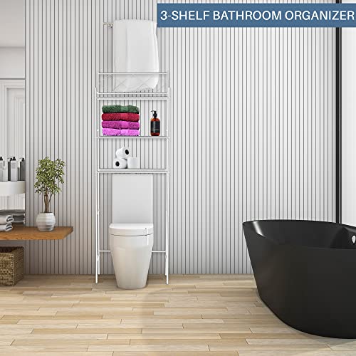 J&V TEXTILES 3-Shelf Bathroom Organizer Over The Toilet, Bathroom Spacesaver (Silver)