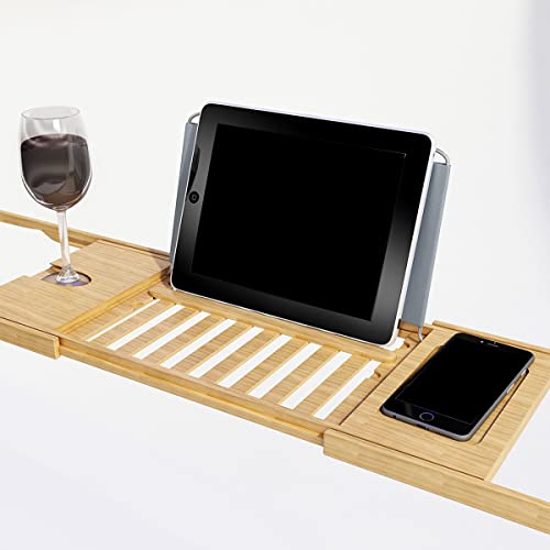 Bamboo Bath Caddy-Natural Wood Bathtub Tray with Extending Sides, Secure Cupholders and Water-Proof Book, Tablet, or Phone Holder by Lavish Home