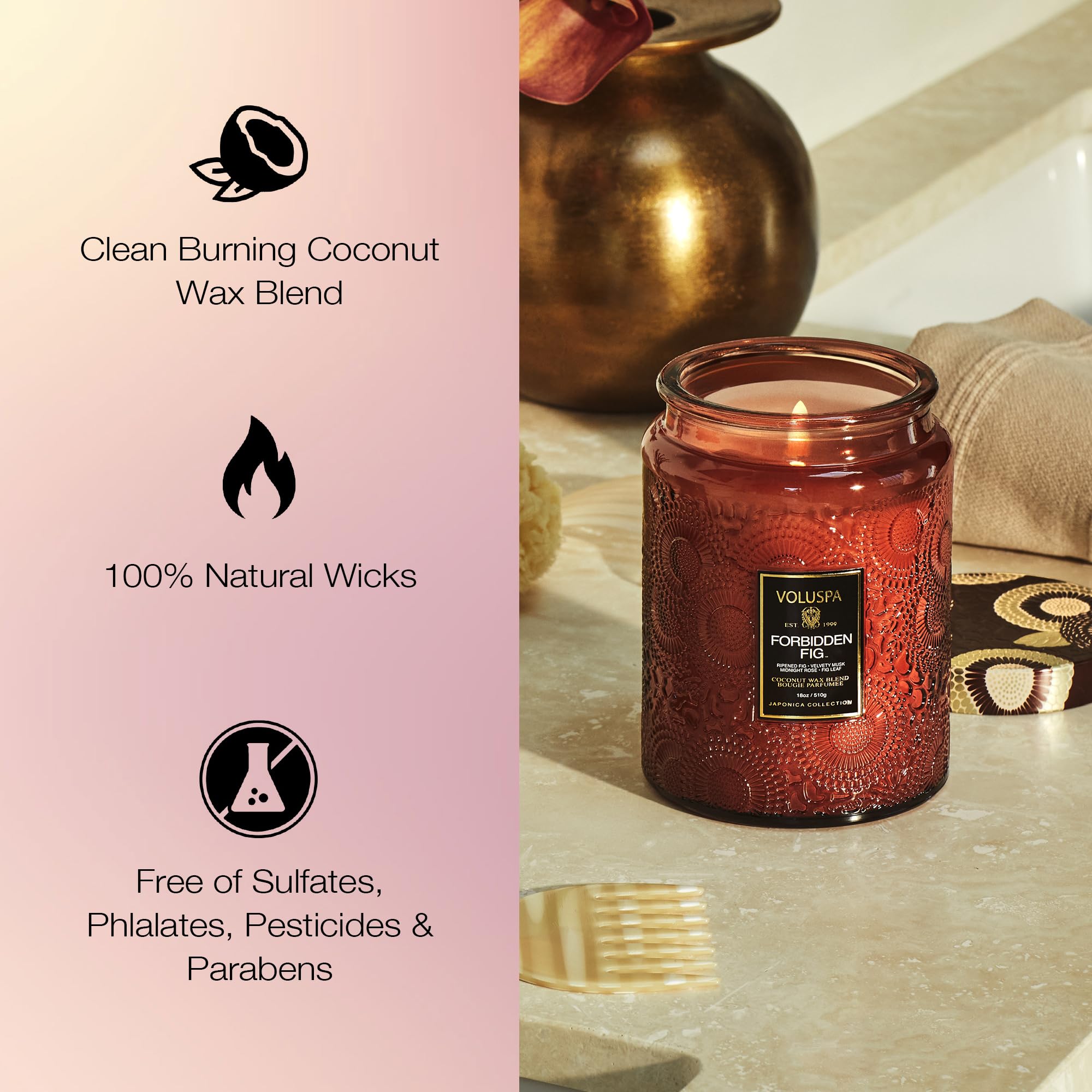 Voluspa Forbidden Fig, Large Candle Jar, 18 oz, 100 Hour Burn Time, Coconut Wax for Clean Burning, Handcrafted in the USA