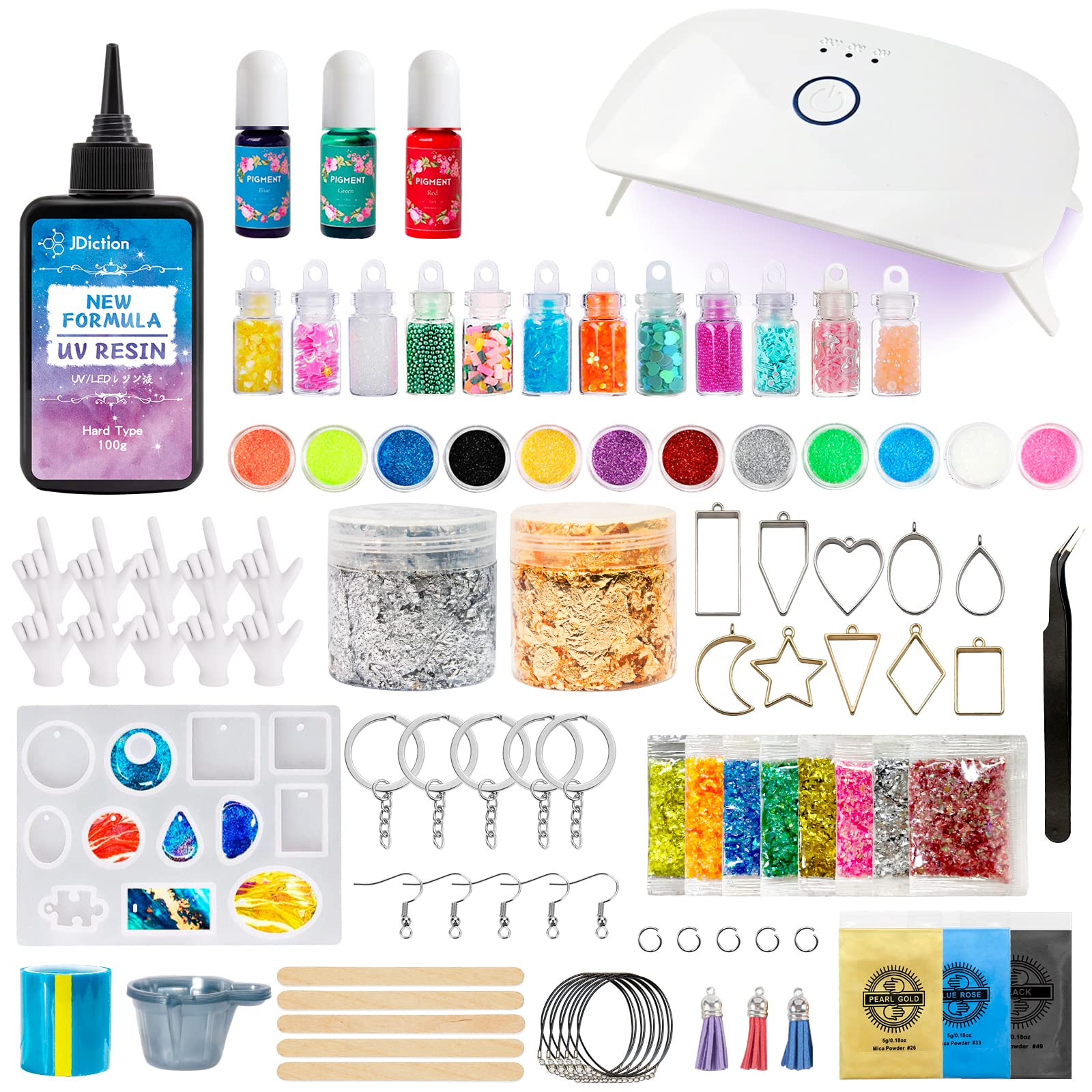 JDiction New UV Resin Kit with Light, Crystal Clear Hard Resin Sunlight Curing UV Resin Beginner Kit for Jewelry, Doming, Coating, and Casting, DIY Craft