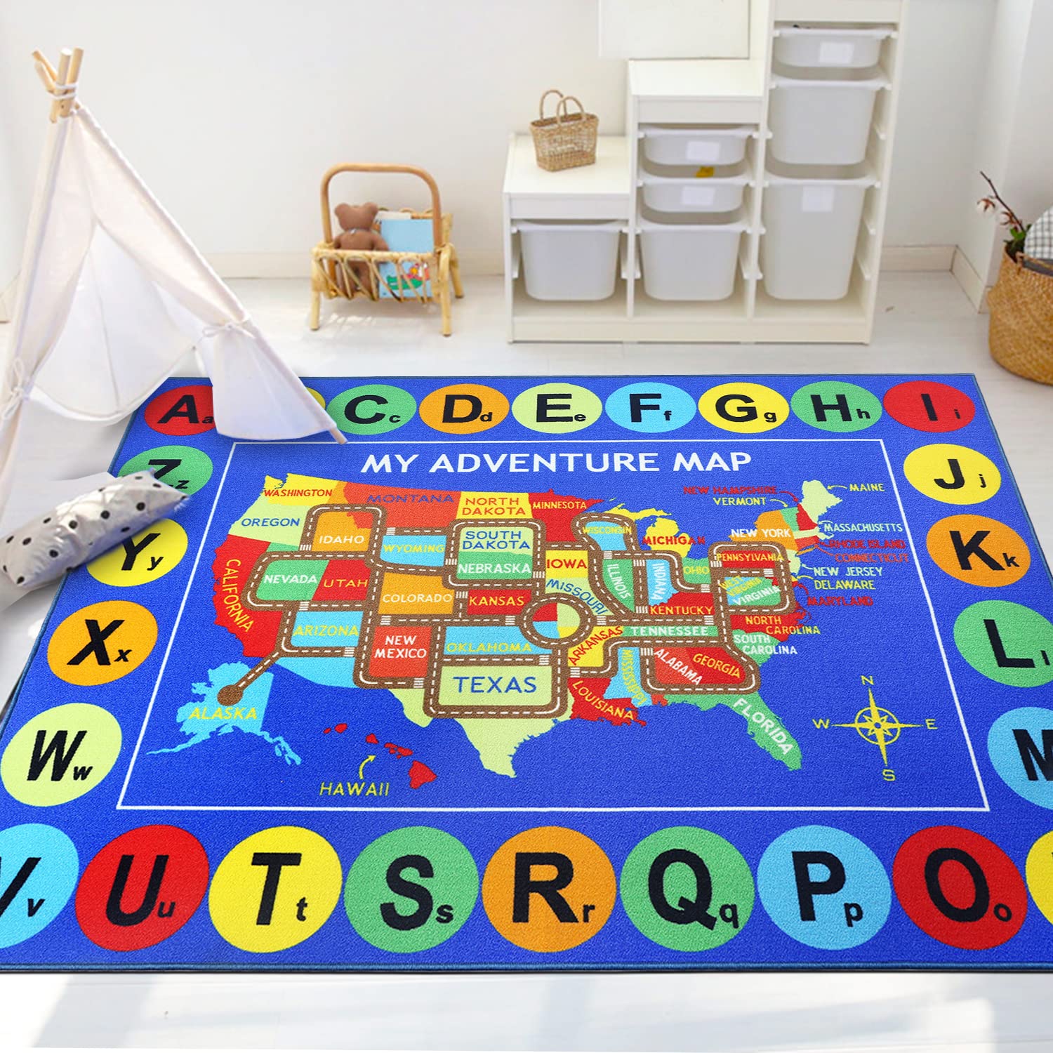 Capslpad Kids Rug USA Map Kids Play Rug 6'6"x 5' Large Size ABC Alphabet Educational Learning Classroom Area Rug Non Skid City Road Car Rug Play Mat for Children Bedroom Playroom Nursery Room