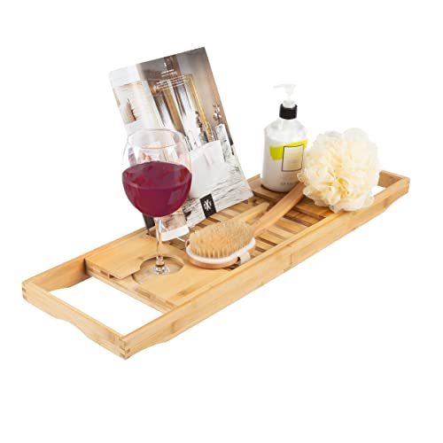 Bamboo Bath Caddy-Natural Wood Bathtub Tray with Extending Sides, Secure Cupholders and Water-Proof Book, Tablet, or Phone Holder by Lavish Home