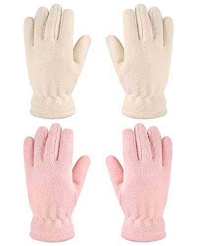 2 Pairs Kids Fleece Gloves Polar Full Finger Winter Warm Gloves Cold Weather Mittens for Boy Girl (Light Pink, Beige, Small, 4-7 Years)