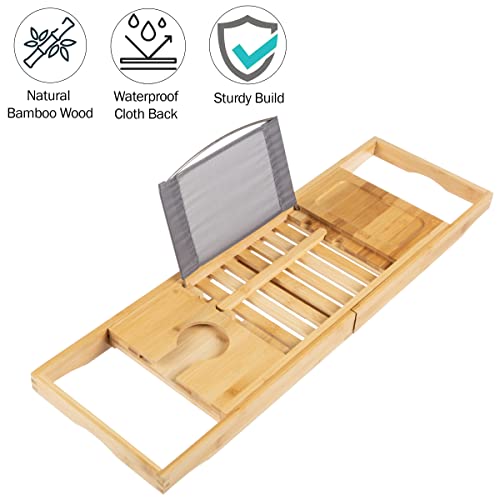 Bamboo Bath Caddy-Natural Wood Bathtub Tray with Extending Sides, Secure Cupholders and Water-Proof Book, Tablet, or Phone Holder by Lavish Home