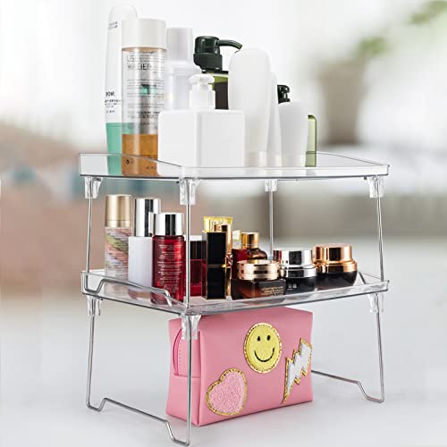2 Tier Makeup Organizer Perfume Organizer Acrylic Bathroom Organizer Countertop Makeup and Perfume Organizer Collapsible Makeup Shelf Organizer for Vanity, Bathroom Counter, Kitchen Cabinets (Clear)