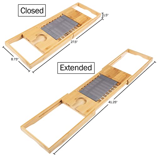 Bamboo Bath Caddy-Natural Wood Bathtub Tray with Extending Sides, Secure Cupholders and Water-Proof Book, Tablet, or Phone Holder by Lavish Home