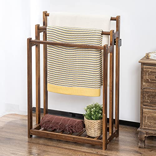 MyGift 3 Tier Freestanding Towel Rack - Rustic Dark Brown Wood Bathroom Towel Drying Stand Holder with Bottom Storage Shelf
