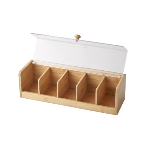 Nifty Solutions Bamboo Tea Box | 5 Compartment Tea Bag Storage | Stores up to 100 Tea Packets | Natural Wooden Tea Box | Tea Storage Containers | Organize Tea, Jewelry & Small Items