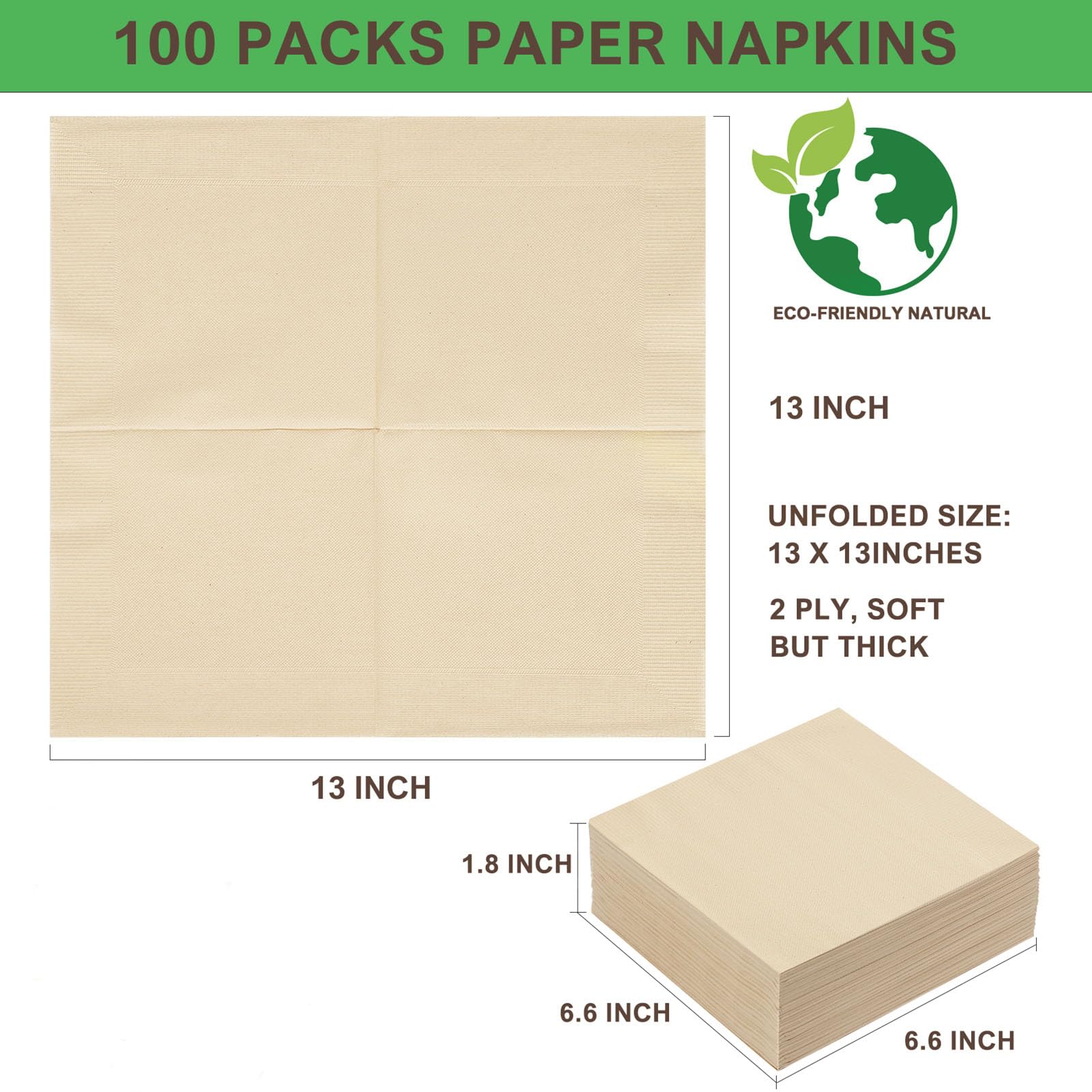 Gezond 50pcs Compostable Paper Napkins, Disposable Dinner Napkins 13 x 13 in Unbleached 2-ply Eco Lunch Tissue, Biodegradable Napkin for Thanksgiving Christmas Big Party