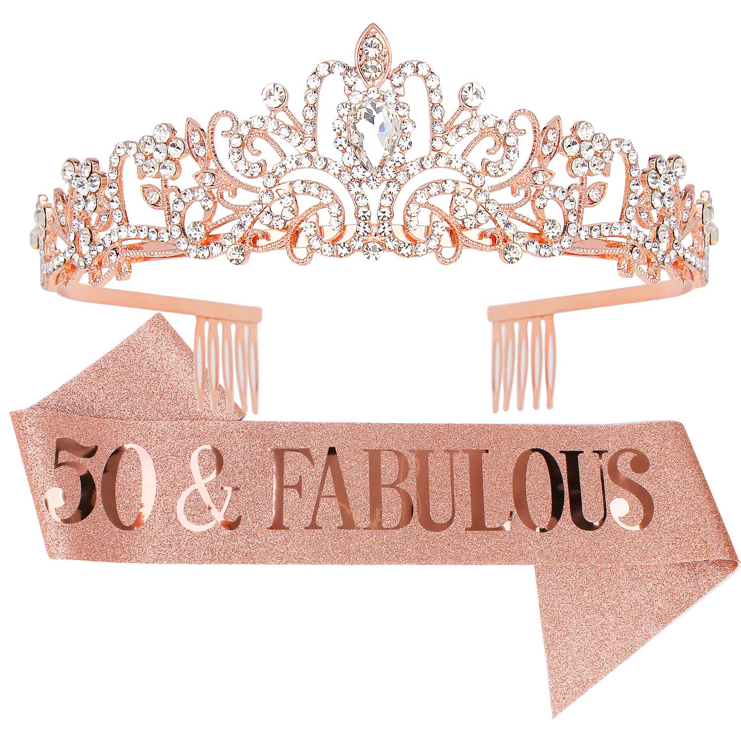 AOPRIE 50 Fabulous Birthday Crown Sash for Women Rose Gold Birthday Tiara for Girls 50th Birthday Gifts Decoration for Women Princess Crown Rhinestone Headband Happy Birthday Accessories
