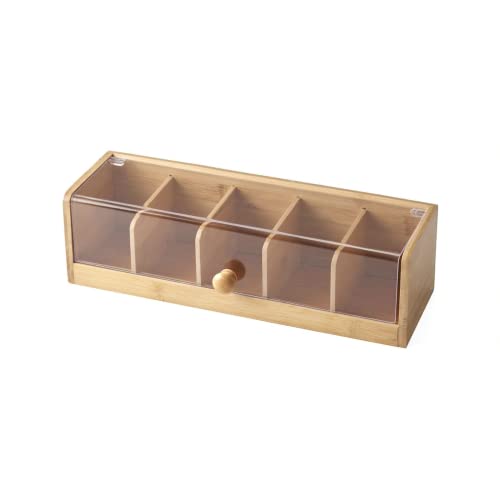 Nifty Solutions Bamboo Tea Box | 5 Compartment Tea Bag Storage | Stores up to 100 Tea Packets | Natural Wooden Tea Box | Tea Storage Containers | Organize Tea, Jewelry & Small Items