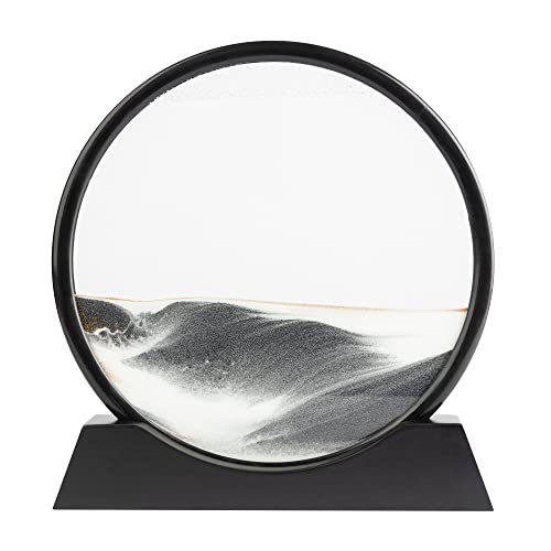 A Mindful Office Moving Sand Art Decor (10 Inch) - Perpetual Motion Desk Toy Brings Uniquely Relaxing Vibe to Your Home Round Glass Frame with Black, White and Gold Liquid sandart12inchbwg 12 Inch