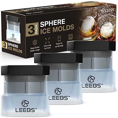 Sphere Ice Molds - 3 Pack Whiskey Ice Ball Mold - Silicone Freezer Press Ice Ball Maker Mold for Large Round Craft Whisky Ice Balls - Bourbon, Scotch, Old Fashioned, Cocktail Drinks - by LEEBS