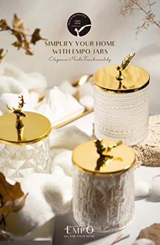 EMPO Bathroom Glass Storage Organizer Apothecary Jars with Gold lids for Cotton Swabs, Rounds, Balls, Makeup Sponges, Blenders, Bath Salts (Elk)