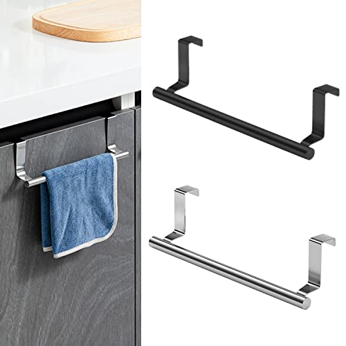 Steel Over The Door Towel Rack Bar 2 Pack, Towel Rack for Cabinet, LADYAMZ 9 Inch Kitchen Bathroom Towel Holder Storage for Bathroom Laundry Office Cupboard Door Holds Hand Dish Towels (Black+Silver)