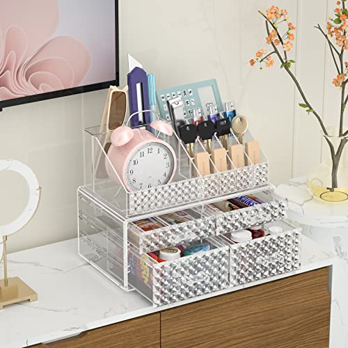 Awenia Makeup Organizer with Drawers[Upgraded]-Acrylic Make up Organizers and Storage Case for Cosmetics,Perfume,Jewelry Display, Vanity and Bathroom Accessories (Clear-4 Drawers)