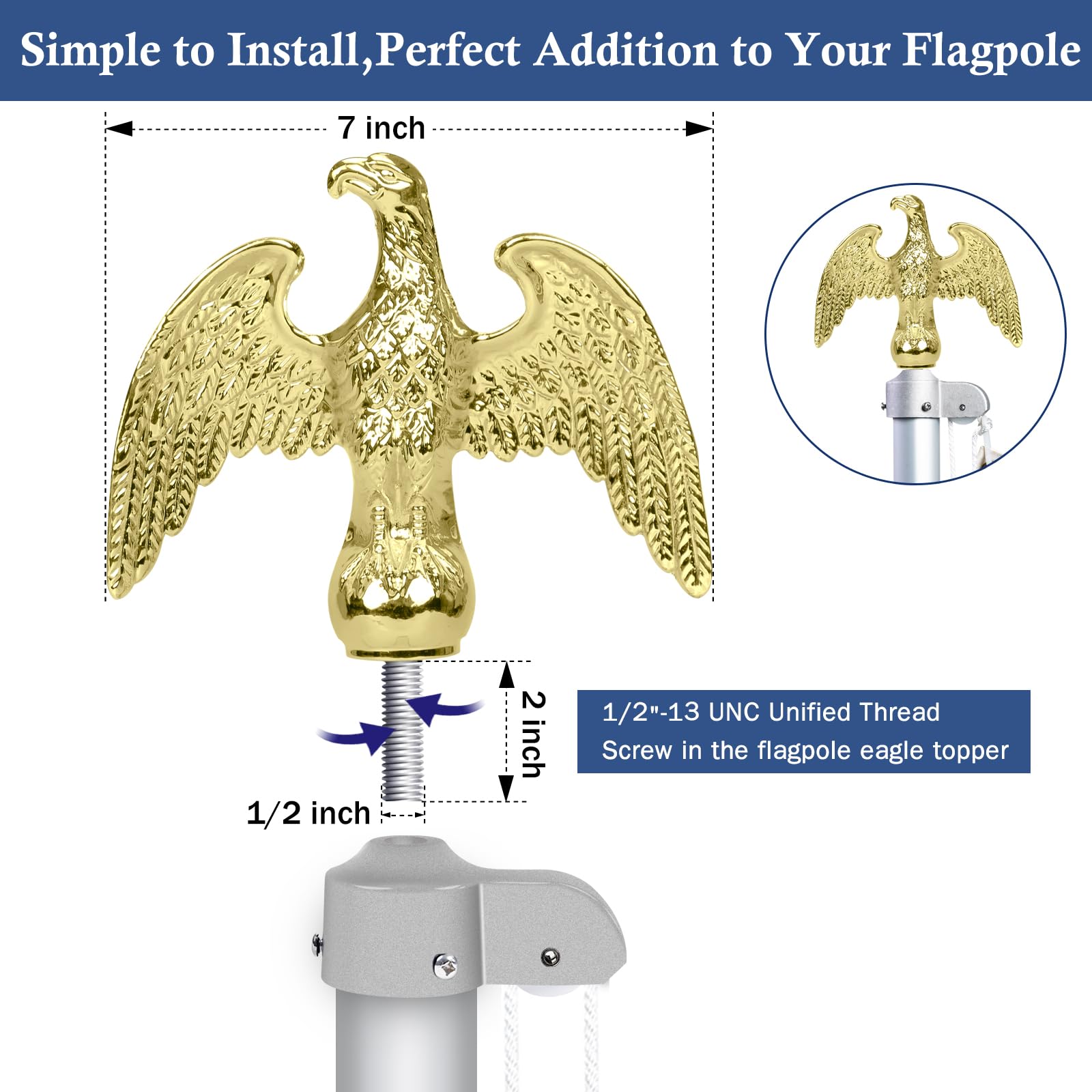 NQ Gold Flag Pole Eagle Topper Ornament, Aluminum Alloy Eagle Finial for 20'/25'/30' Telescopic/Sectional Flagpole(Gold,7inch)
