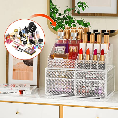 Awenia Makeup Organizer with Drawers[Upgraded]-Acrylic Make up Organizers and Storage Case for Cosmetics,Perfume,Jewelry Display, Vanity and Bathroom Accessories (Clear-4 Drawers)