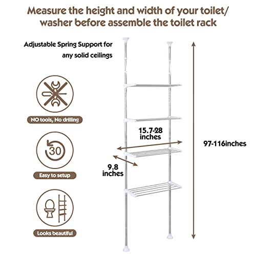 Over The Toilet Storage, 91-124 Inch Adjustable Bathroom Organizer, 4-Tier Stainless Steel Toilet Rack Storage Shelf, Bathroom Organizer, Easy to Assemble Spacesaver, DIY Size Height