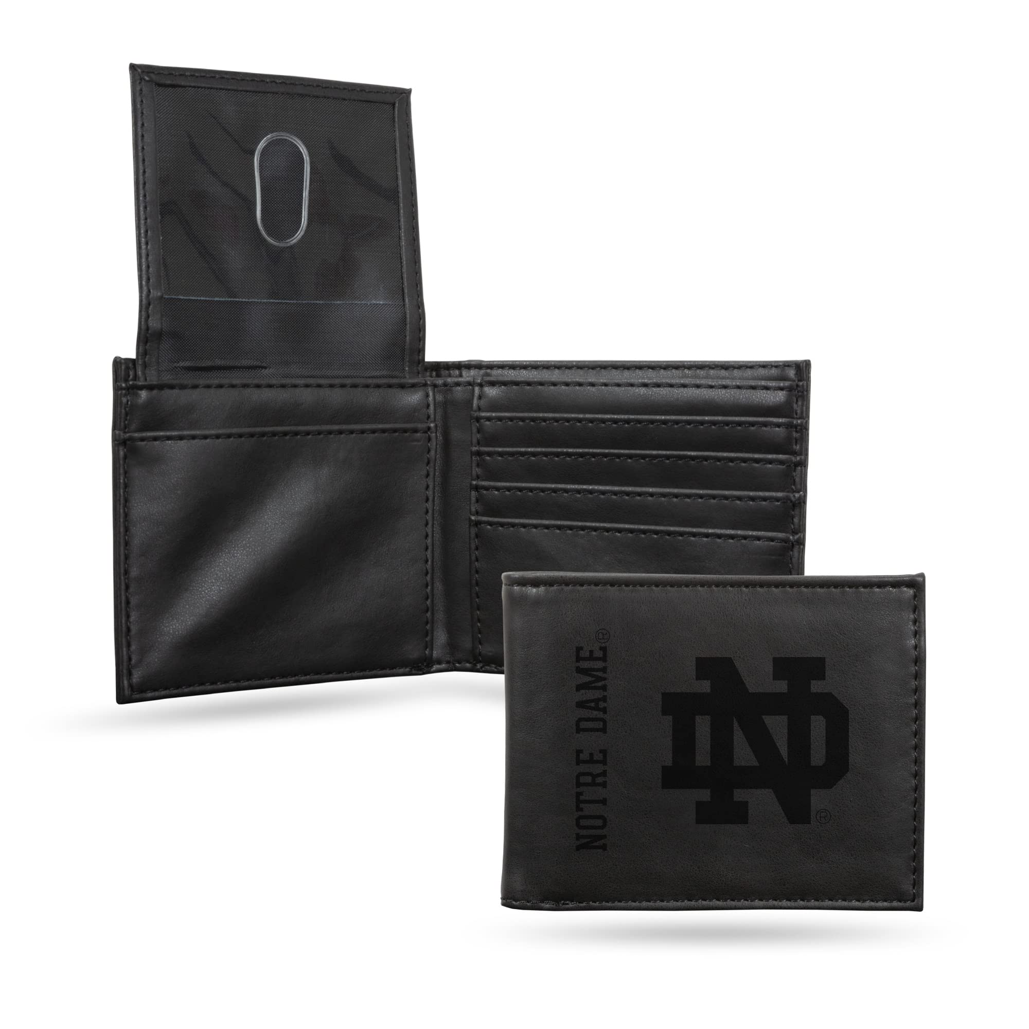 Rico Industries NCAA Notre Dame Fighting Irish Premium Laser Engraved Vegan Black Leather Bill-fold Wallet - Slim yet Sturdy Design - Perfect to Show Your Team Pride or Gift