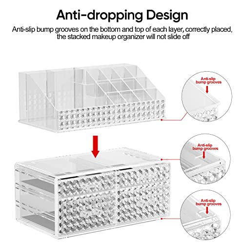 Awenia Makeup Organizer with Drawers[Upgraded]-Acrylic Make up Organizers and Storage Case for Cosmetics,Perfume,Jewelry Display, Vanity and Bathroom Accessories (Clear-4 Drawers)