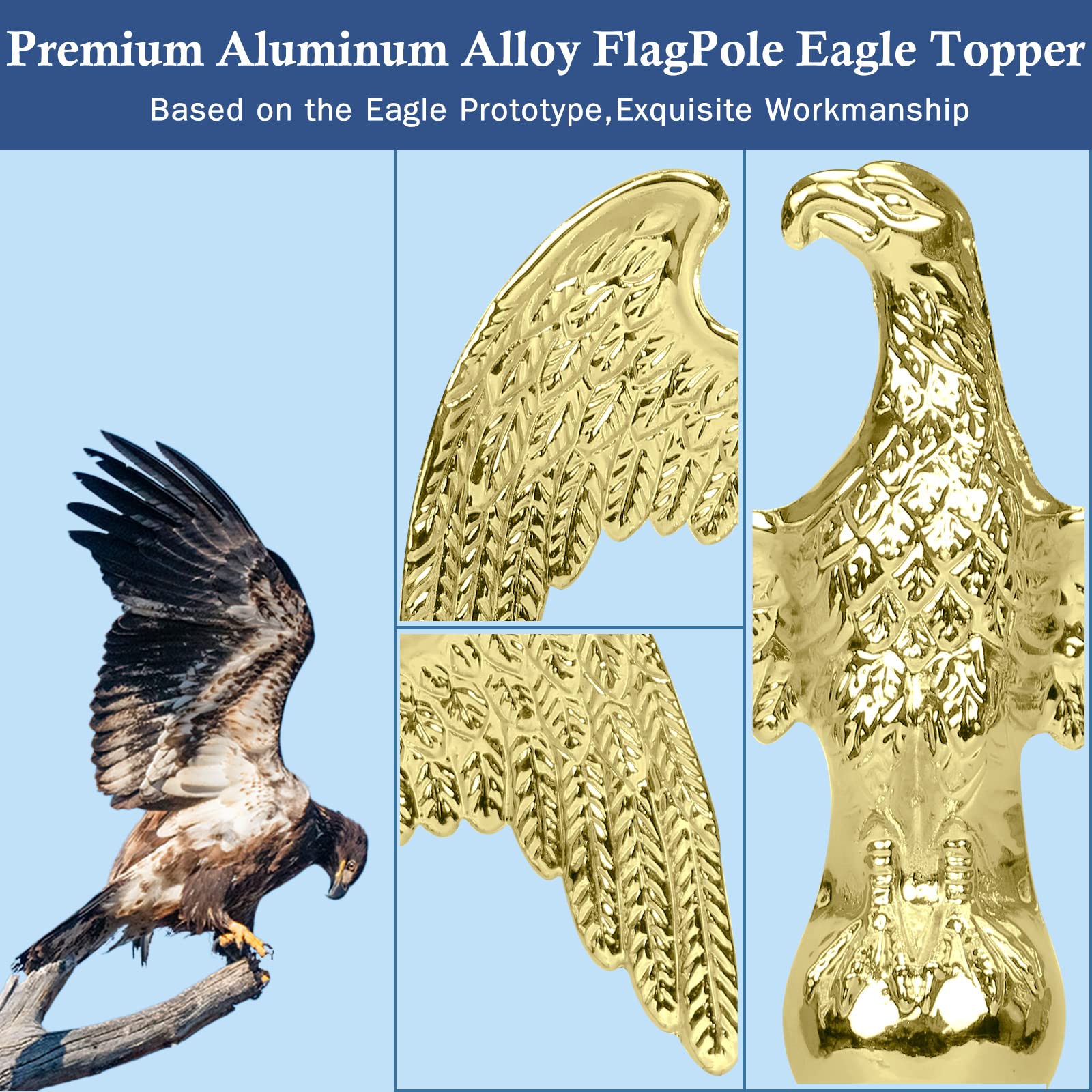 NQ Gold Flag Pole Eagle Topper Ornament, Aluminum Alloy Eagle Finial for 20'/25'/30' Telescopic/Sectional Flagpole(Gold,7inch)