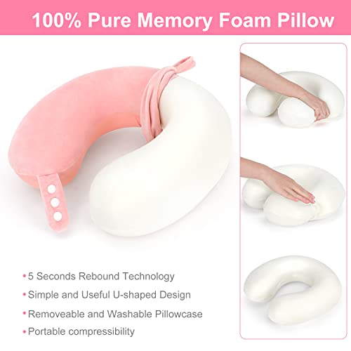 Travel Neck Pillow, Best Memory Foam Neck Pillow Head Support Soft Pillow for Sleeping Rest, Airplane Car & Home Use (Grey) (Pink)