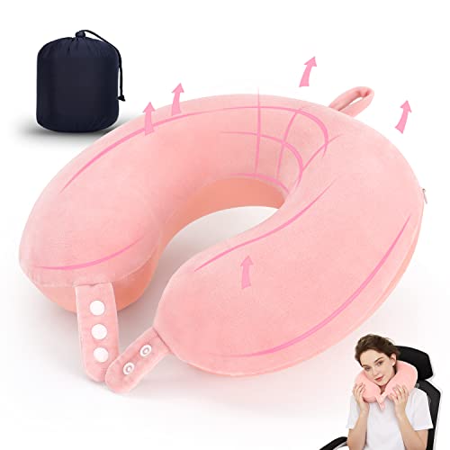 Travel Neck Pillow, Best Memory Foam Neck Pillow Head Support Soft Pillow for Sleeping Rest, Airplane Car & Home Use (Grey) (Pink)