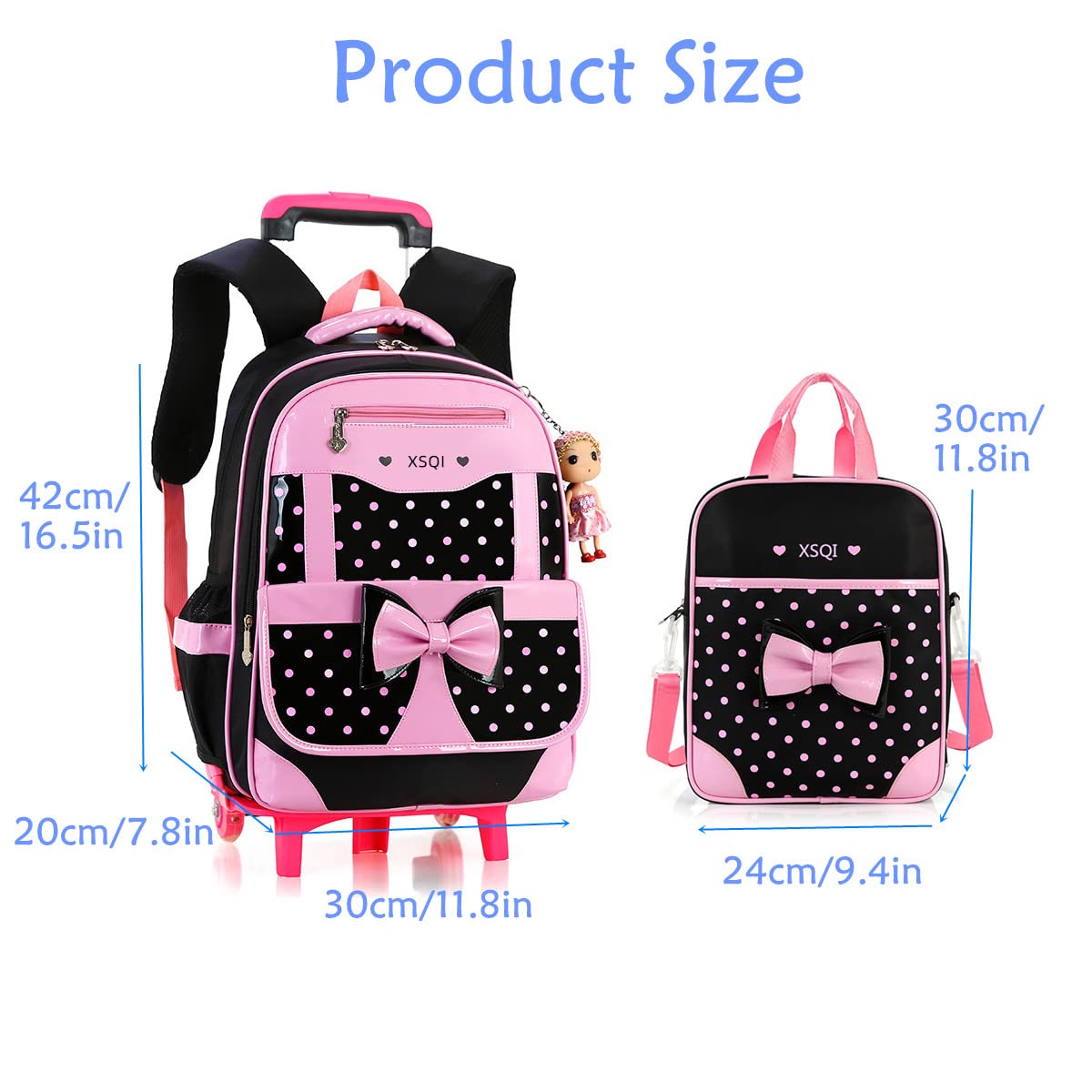 MITOWERMI Rolling Backpack for Girls Trolley School Bags Cute Bowknot Girls Backpack with Wheels Carry-on Travel Luggage with Handbag Toddler Elementary Princess Bookbags