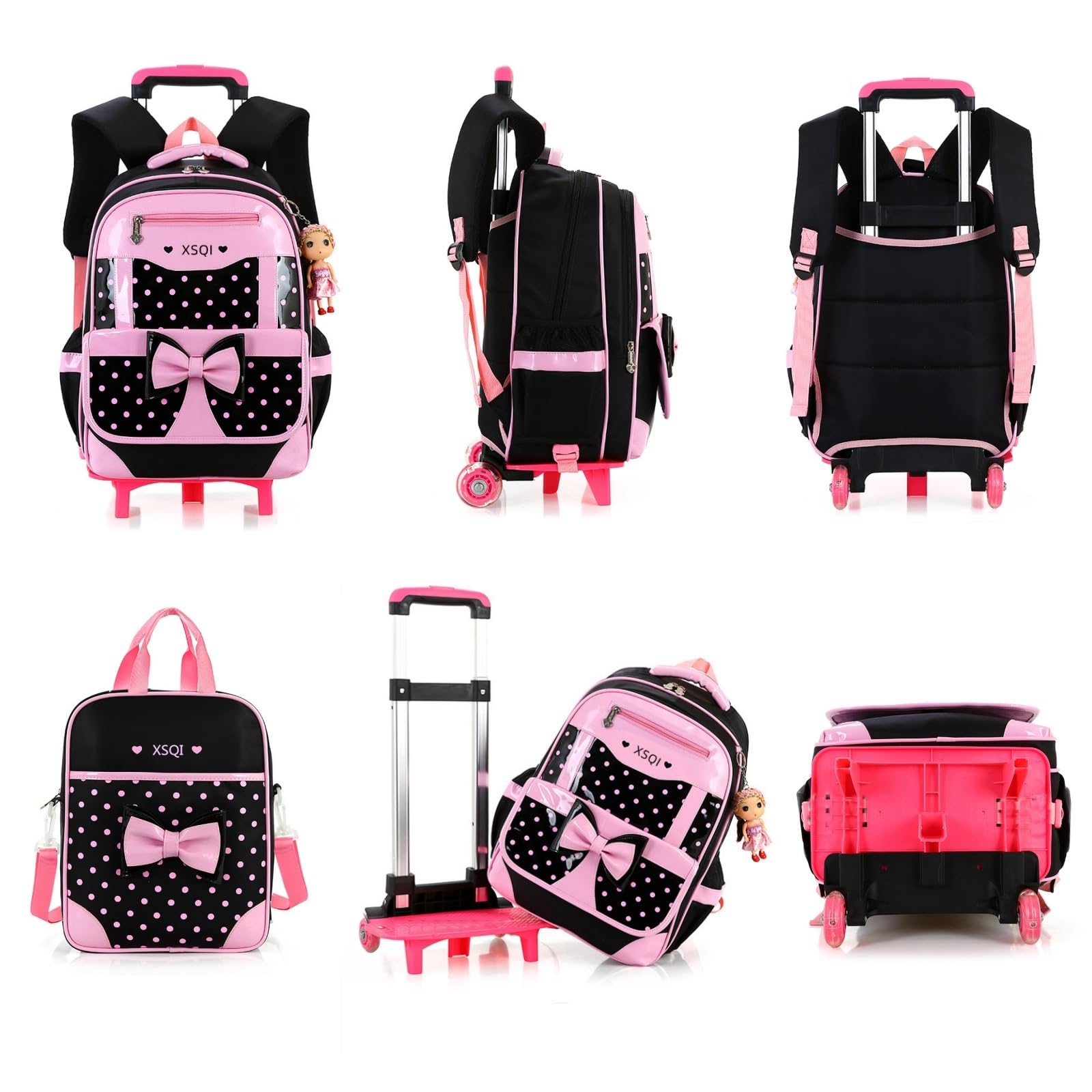 MITOWERMI Rolling Backpack for Girls Trolley School Bags Cute Bowknot Girls Backpack with Wheels Carry-on Travel Luggage with Handbag Toddler Elementary Princess Bookbags