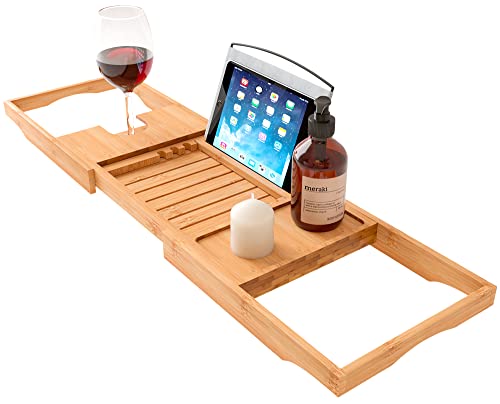 Home Intuition Expandable Bamboo Bathtub Tray Caddy (27.75-41.5 Inches) Luxury Bath Tub Tray Table Bathtub Caddy Bath Accessories for Women & Men Bath Tray Shelf with Book & Wine Holder